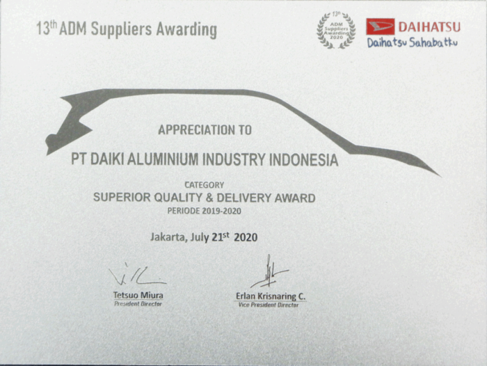 Award Certificate from PT. Astra Daihatsu Motor (ADM) - PT Daiki ...